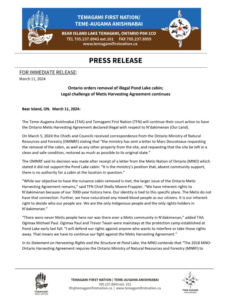 News Release: Ontario orders removal of illegal Pond Lake cabin; Legal ...